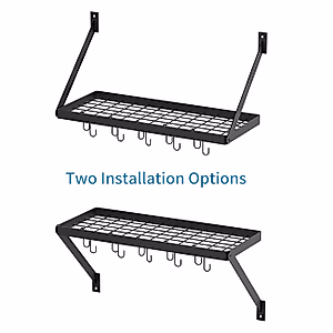 Miyili Pot Rack Square Grid Wall Mounted Kitchen Pot And Pan Organizer Shelf With 10 Hooks, 24 by 10-inch (Black), KR301B1