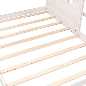 DERCASS Twin Over Full Bunk Bed, Wooden Bed Frame with Playhouse, Farmhouse, Ladder & Guardrails for Kids, Toddlers, Boys & Girls (White)