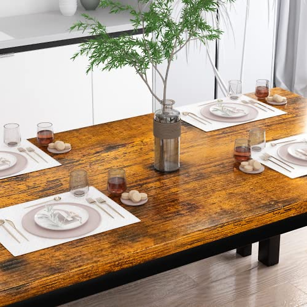 AWQM 43.3" Dining Table Set for 4, Kitchen Dining Table with 2 Benches, Dining Room Table Set with Metal Frame & Thickened Board for Kitchen, Restaurant, Rustic Brown