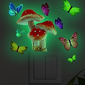 Glow in The Dark Mushroom Butterfly Wall Sticker Luminous Cartoon Flying Butterflies Light Switch Decals for Girls Bedroom Nursery Living Room Classroom Ceiling Decor Kids Gift