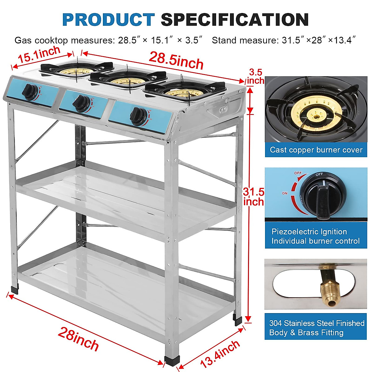 Propane Gas Stove 3 Burner Gas Stove with Removable Leg Stand Portable Gas Stove Auto Ignition Camping three Burner LPG for RV, Apartment, Outdoor