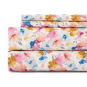 KACEMOO Queen Floral Sheet Set 4PC Yellow Flower Printed Sheets for Queen Pattern Sheets Microfiber Soft Cooling Luxurious Brushed Bed Sheets with 17”Deep Pocket, Easy Care, Breathable, Wrinkle Free