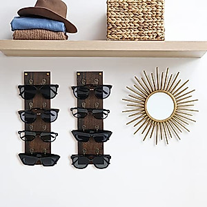 Set of 2 Rustic Mounted Sunglasses Storage Organizer Wood Eyeglasses Holder Sunglass Rack Eyeglasses Display Rack with Metal Hooks Glasses Wall Decor Hanging Jewelry Organizers for Home Decor