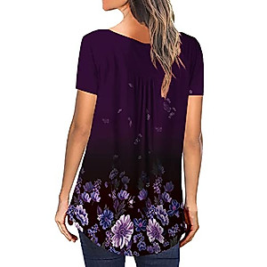 MAYAMANG Women's Floral Tunic Tops Casual Blouse V Neck Short Sleeve Buttons Up T-Shirts (Purple, L)