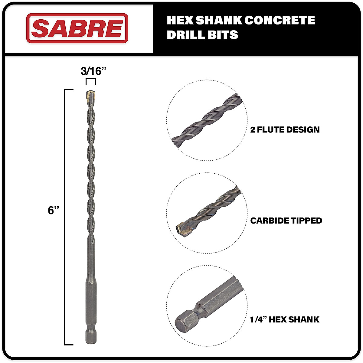 Sabre Tools 3/16 Inch x 6 Inch Masonry Drill Bit, Carbide Tipped 10-Pack for Concrete, Brick, Stone, 1/4” Hex Shank, Impact Performance (3/16” x 6”, 10)