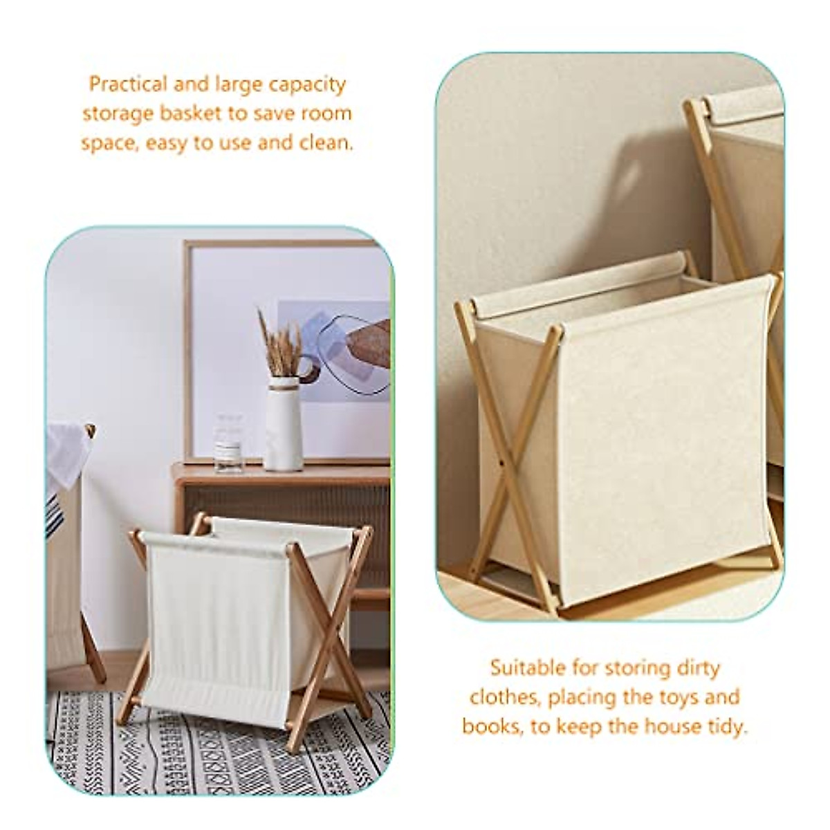 generic Laundry Basket Collapsible Bamboo Laundry Hamper with Cloth Bag - Freestanding X-Frame Clothes Hamper Organizer Household Storage Basket for Clothes Toys - Beige, 18x5x2 Inch