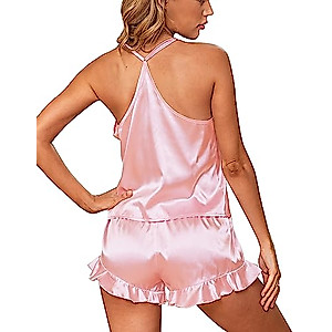 FERDAT Women's Silk Pajamas Set Satin Ruffle Lingerie 2 Piece Pjs Cami Top and Shorts Sleepwear Pink