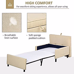 HOMCOM 2-in-1 Design Convertible Single Sofa Bed with Side Pocket and Metal Frame Couch for Living Room, Beige