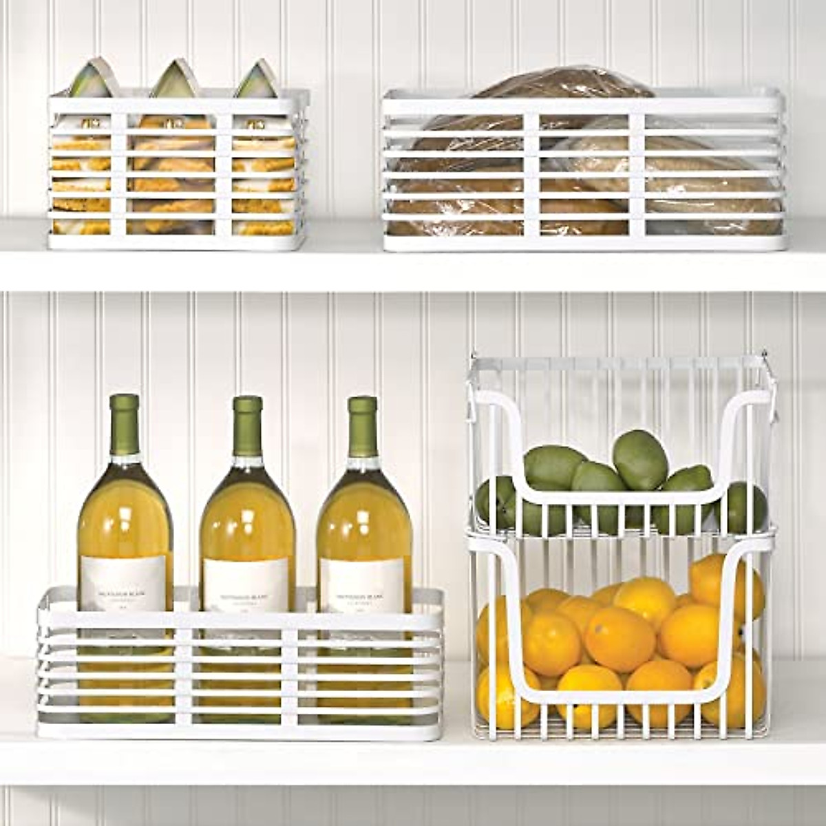 mDesign Large Stacking Wire Baskets Food Organizer Storage Metal Basket with Open Front for Kitchen Cabinet, Pantry, Cupboard, and Shelves, Organize Fruits, Snacks, and Vegetables, 2 Pack, Matte White