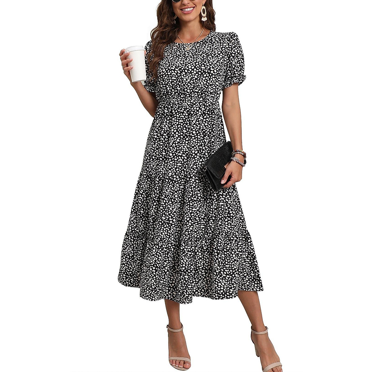 GRECERELLE Women Dress, Summer Casual Loose Crew Neck Boho, Leopard Dot Ruffle Puff Sleeve, High Waist Midi Beach Dress