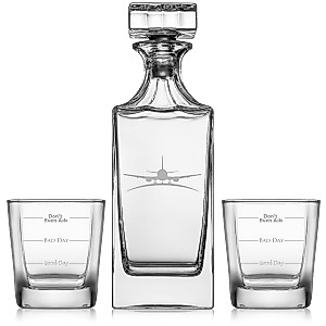 Whiskey Decanter Gift Set With 2 Whiskey Old Fashioned Rocks Glasses Airplane Pilot Flight Attendant Good Bad Day