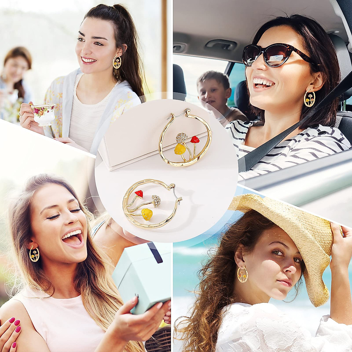 Emoin Mushroom Earrings For Women,Mushroom Hoop Dangle Earrings, Gold Hoop Earring Mushroom Dangle,Mushroom C-shaped Big Earrings For Women Girls Gift,Earrings Pendant Mushroom Jewelry Accessories