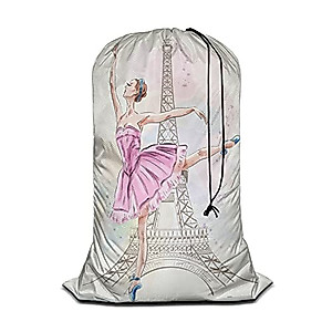 Swono Beautiful Ballerina Large Travel Laundry Bag Washable Wet Dry Bag Large Dirty Clothes Bag Dancer Posing Dancing on Eiffel Tower Bathing Suit Workout Bag for Gym Clothes Laundry Wet Clothes