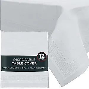 HOUZZKINGZ USA Paper Tablecloths for Rectangle Tables | 54” X 108” – 12 Pack | White Paper Disposable Tablecloth | 3-Ply Premium Paper & Plastic Table Cloths for Parties Disposable
