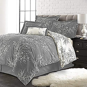 SL SPIRIT LINEN HOME EST. 1988 - King Comforter Set, Oversized Reversible Bedding, Elegant Foilage Design, All Season Home Decor, King, Grey/Ivory