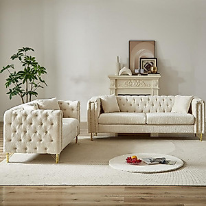 AZSJML 2 Piece Chesterfield Chenille Sofa Set for Living Room, Modern 3-Seater Couch and Loveseat Set,Tufted Chenille Sofa Nailhead and Gold Legs with 2 Pillows for Bedroom, Office, Beige