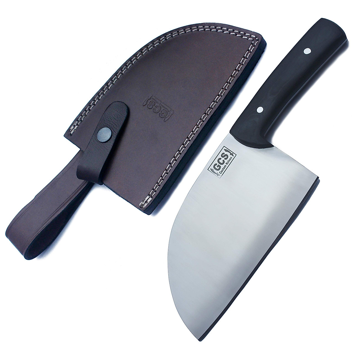 GCS Hand forged Full Tang Knife Meat Cleaver Butcher Knife Vegetable Cleaver Chef Knife High Carbon D2 Tool Steel Sharp Cleaver Knife with Leather Sheath GCS 301