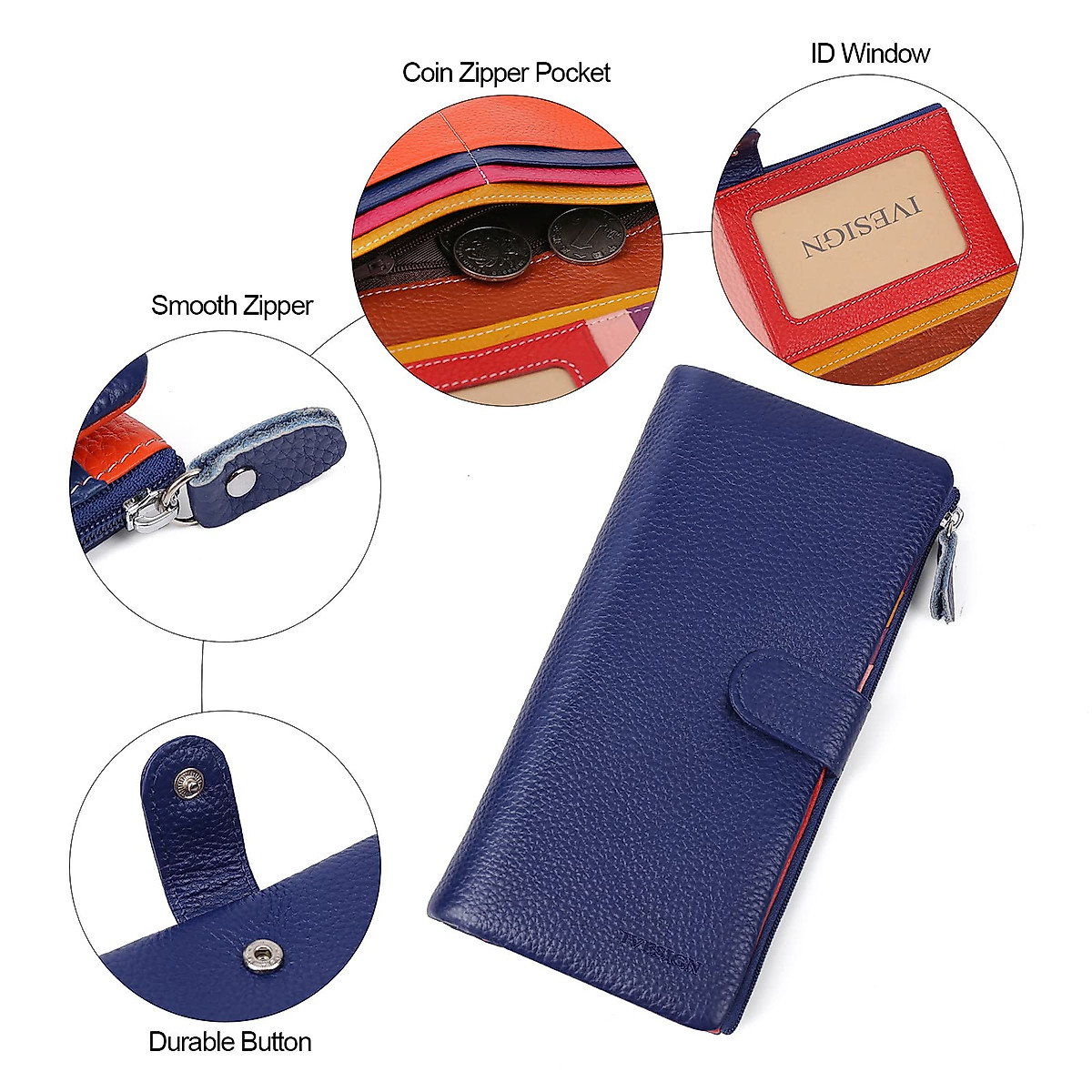 IVESIGN Wallets for Women RFID Blocking Credit Card Phone Holder Organizer Large Capacity Genuine Leather Wallets Checkbook Wallet Clutch Wallet Ladies Blue