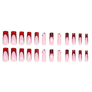 Halloween Press on Nails Long Black Spider Web Fake Nails Red French Tip False Nails Full Cover Halloween Glue on Nails Square Shape Artificial Nails Halloween Stick on Nails for Women 24Pcs