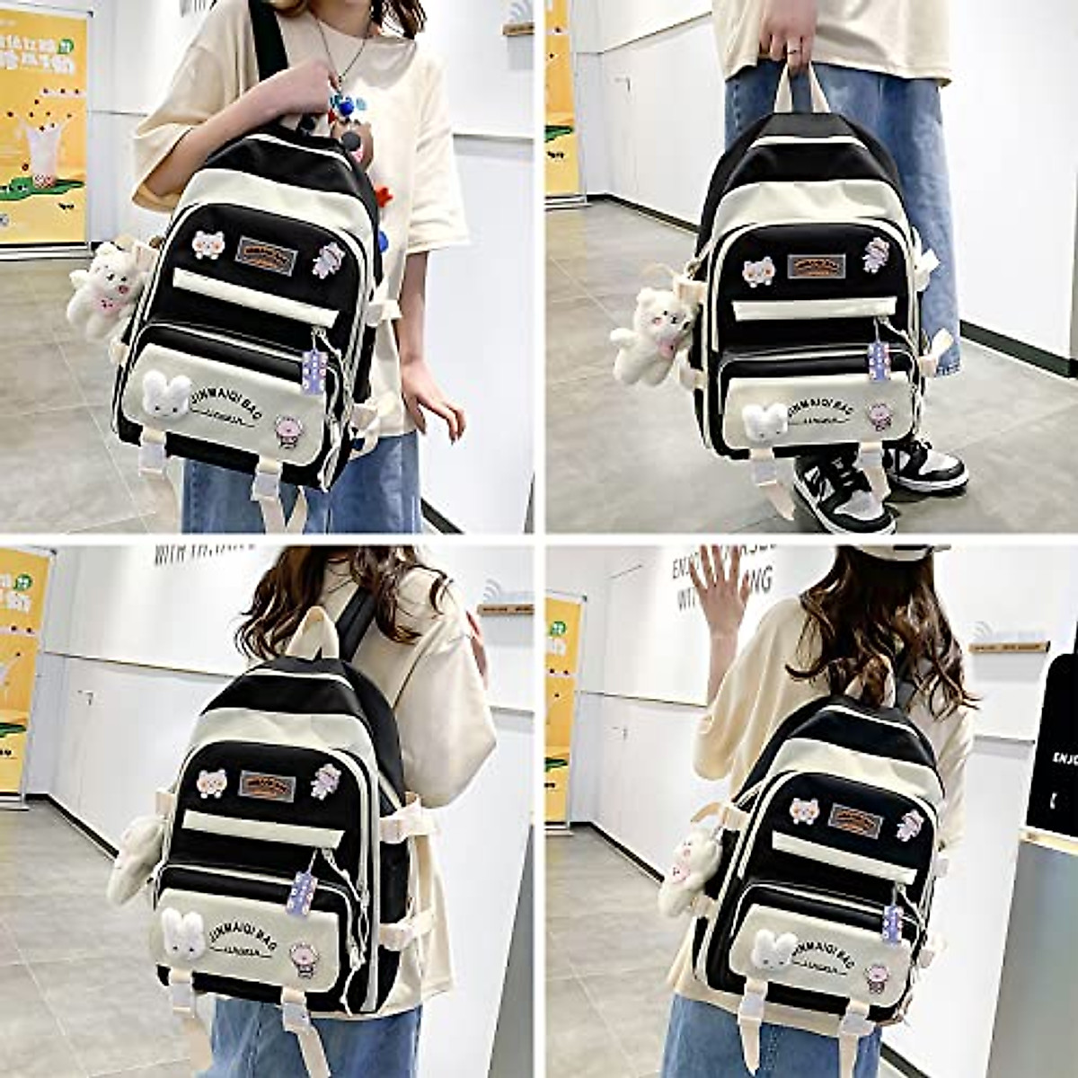 YGYCF Kawaii Backpack 5Pcs Set for Student with Cute Bear Accessories - School Bags for Teen Girls Back to School Supplies Essentials Aesthetic Bookbag, B Black