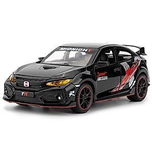 WAKAKAC 1/32 Toy Car for Honda Civic Type-R Diecast Toy Vehicle Metal Pull Back Model Car with Light and Sound for Kids Adults Gift(Black)