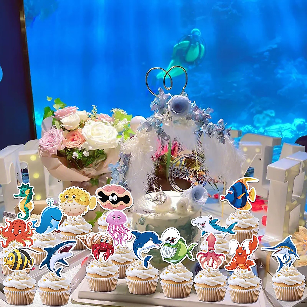 Plorbach 48 Pcs Ocean Animal Cupcake Toppers Under The Sea Creature Cake Decorations Marine Sea Fish Cake Topper Picks For Ocean Sea Theme Birthday Party Supplies Baby Shower Decorations
