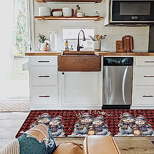 Christmas 2Pcs Kitchen Rugs, Anti Fatigue Kitchen Mat Non Slip Rug Runner Comfort Standing Floor Mats Kitchen Carpet Set for Sink, Laundry - Christmas Cartoon Snowman Red Black Plaid