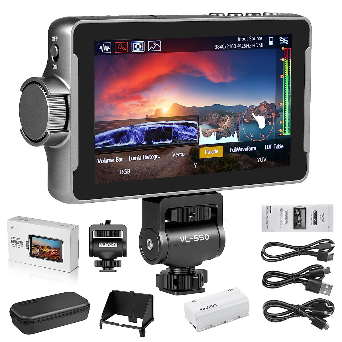 VILTROX DC-550 Pro 5.5" On-Camera LCD Monitor +11 Inch Adjustable Robust Articulating Magic Arm with Super Clamp for Camera
