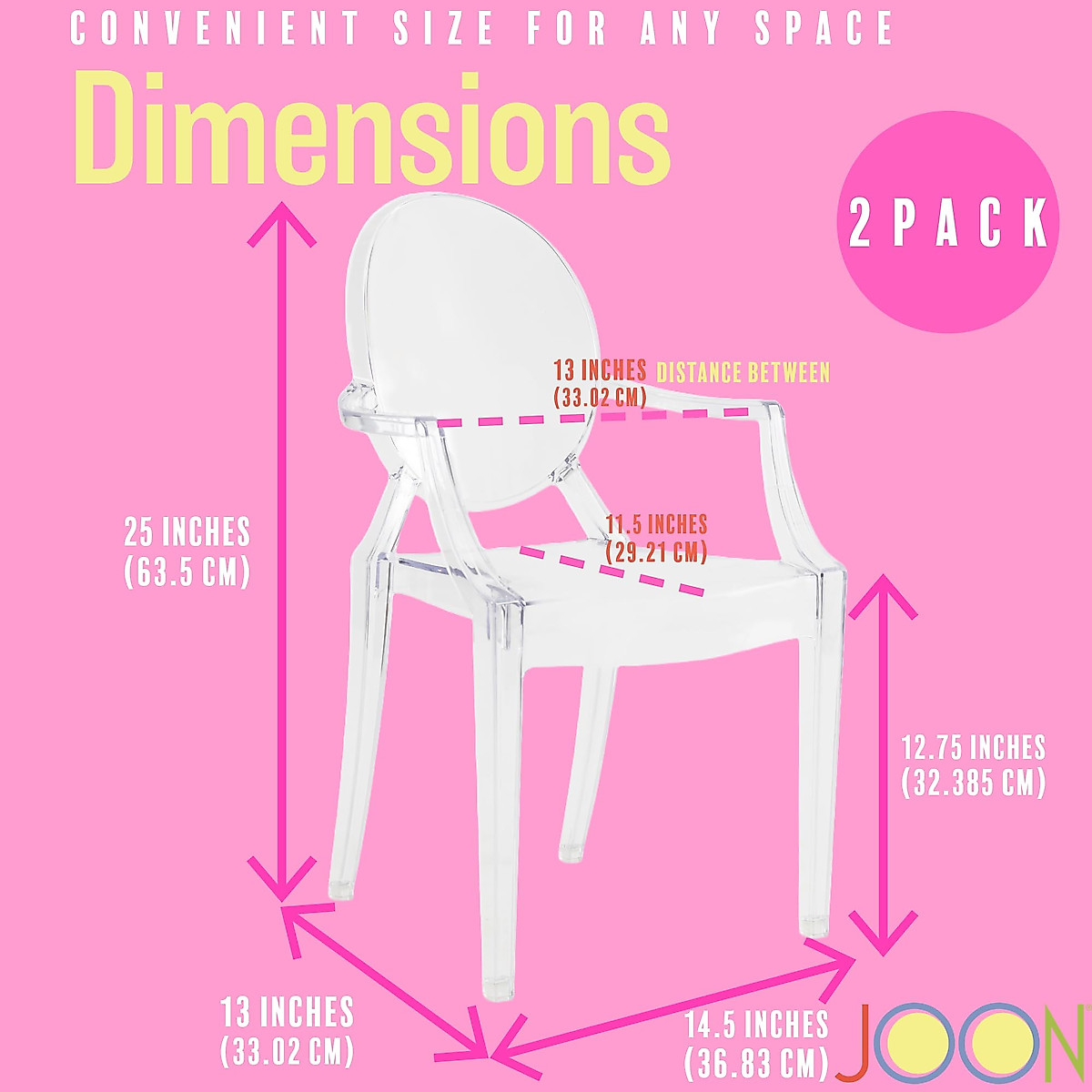 JOON 2 Pack Kids Ghost Chairs with Armrest Transparent, 25x13x14.5 Inches, Polycarbonate Material, 12.75” Seat Height, Stackable, for Toddler Parties, Playroom, Daycare, Home (Transparent Clear)