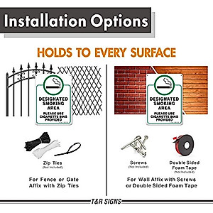 Designated Smoking Area Sign, Use Cigarette Bins Sign - 2 Pack - 10 x 7 Inches Rust Free .040 Aluminum - UV Protected, Waterproof, Weatherproof and Fade Resistant - 4 Pre-drilled Holes