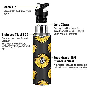 Oarencol Buffalo Sunflower Water Bottle Plaid Floral Stainless Steel Vacuum Insulated Thermos with Straw Lid 20 Oz
