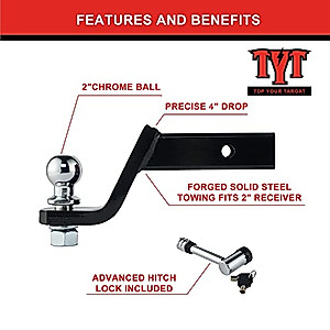 TYT Trailer Hitch Mount with 2" Ball,Free Advanced Hitch Lock, 4" Drop,Forged Solid Steel Towing Fits 2" Receiver, 2" Chrome Ball Head, 7,500 lbs, Black