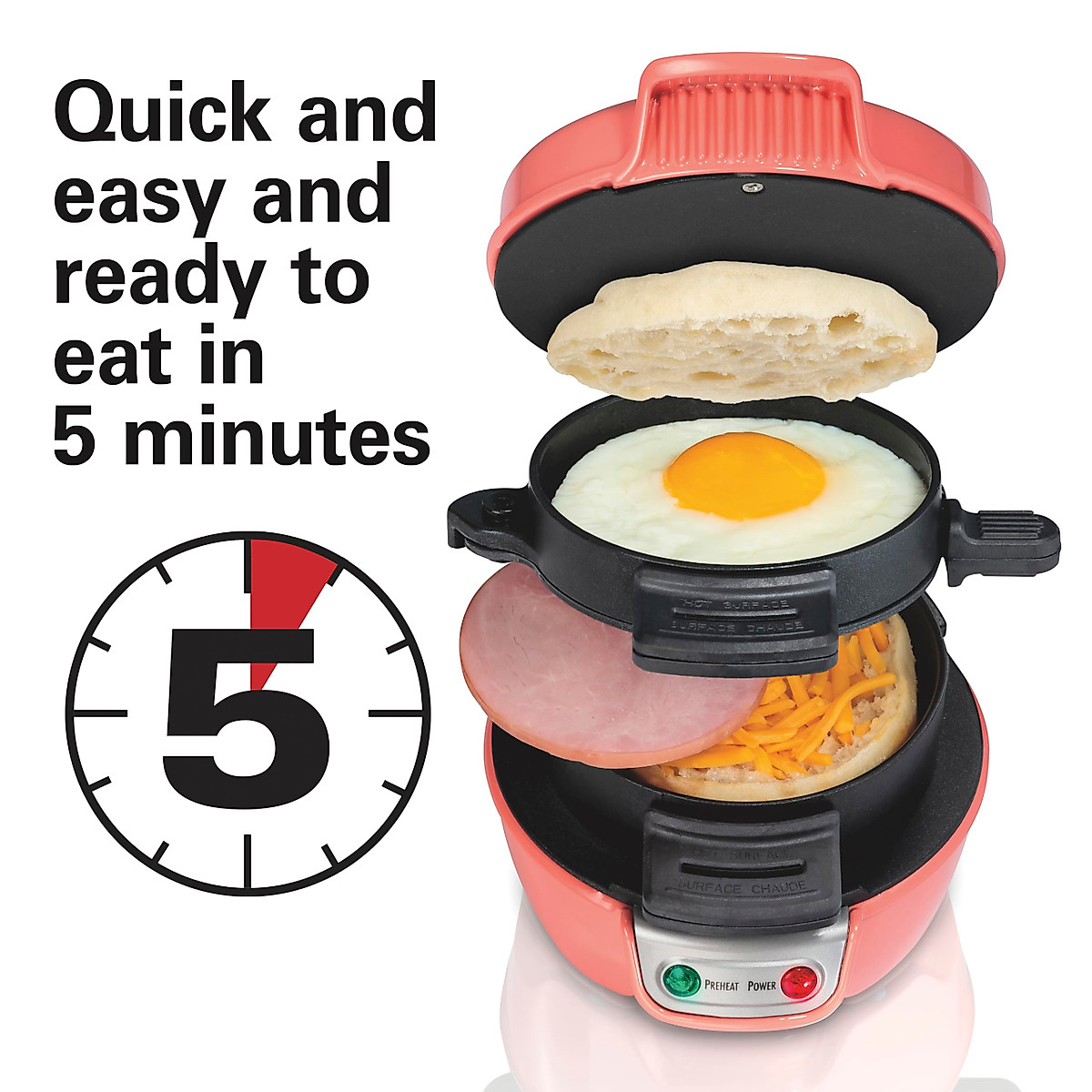 Hamilton Beach Breakfast Sandwich Maker with Egg Cooker Ring, Customize Ingredients, Perfect for English Muffins, Croissants, Mini Waffles, Perfect White Elephant Gifts, Coral (25483)