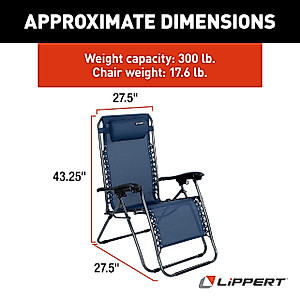 Lippert Stargazer XL Zero-Gravity Chair - Navy — Breathable Mesh Fabric Reclining Chair — Weightless Comfort — Adjustable Headrest — Foldable and Portable Steel Frame — 300 lb. Capacity — 2021000226