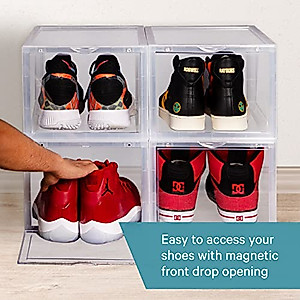 Dionyssa Shoe Storage Large Box -Set of 2 Drop Clear Front Door Shoe Organizer Stackable Display Case- Magnetic Front lids Plastic Container, easy to Assemble-Perfect for Sneakers up to men's size 13 and high-heels. Great closet shoe organizer.