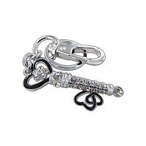 Beautiful sparkling key with hearts charm/key chain. Silver and black surrounded in crystals. Made of chrome coated solid metal that will not bend. Has a long-lasting shine.