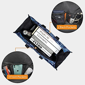 TOPDesign Utility Water Resistant Tote Bag with 13 Exterior & Interior Pockets, Top Zipper Closure & Thick Bottom Support (Blue Bandanna)