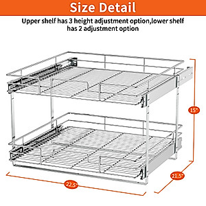 ROOMTEC Individual Pull Out Cabinet Organizer (22½"W x 21½"D), 2 Tier Spice Rack Organizer for Cabinet, Slide Out Drawer Pantry Shelf Organization and Storage for Kitchen Bathroom