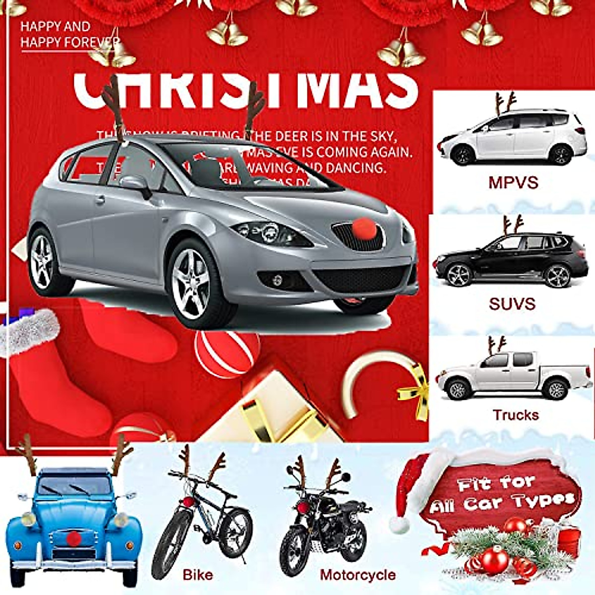 Car Reindeer Antlers & Nose Decorations Set- Car Jingle Bell Antlers and Nose,Christmas Decorations for Cars/Home,Best of Auto Accessories,Best for Car SUV Van Truck,Easy to Install