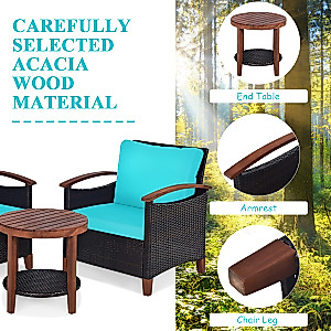 Tangkula 3 Pieces Patio Furniture Set, Outdoor Rattan Sofa and Side Table w/Solid Acacia Wood Frame, High Load Bearing Conversation Bistro Set w/Washable and Removable Cushions (Turquoise)