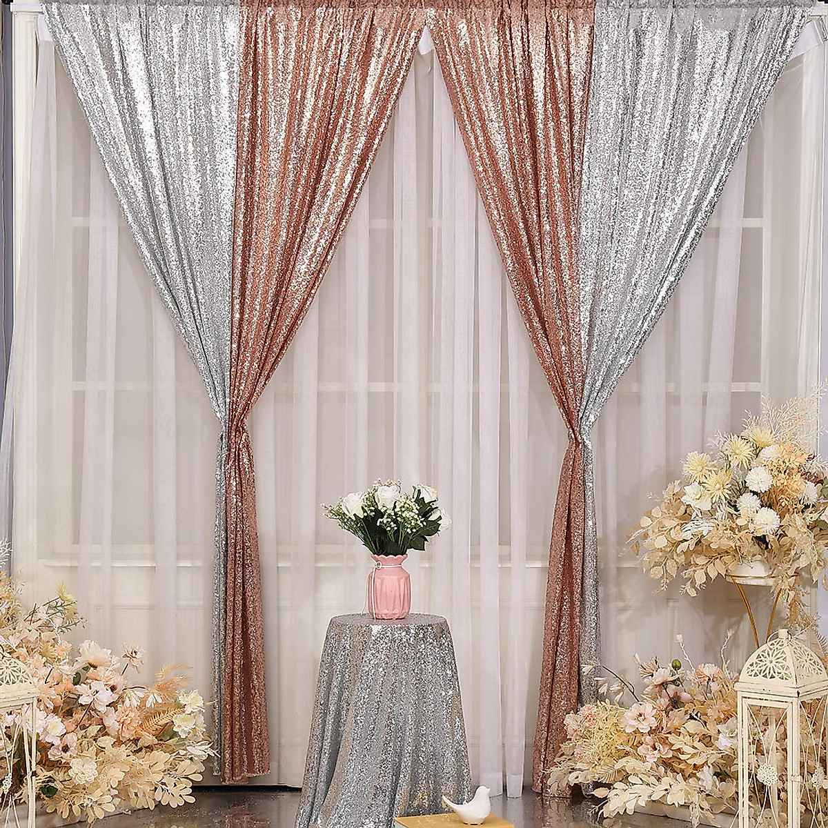 Poise3EHome 2Pcs 3Ft x 8Ft Silver Sequin Backdrop Curtain, Glitter Photography Background, Sequence Xmas Thanksgiving Backdrop for Wedding Party Holiday Festival Decor