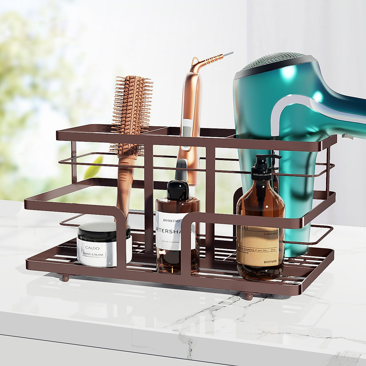 YIGII Hair Dryer Organizer - 4 Compartment Bathroom Countertop Stand, Heat-Resistant, Easy to Install, White