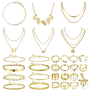 Sanfenly Gold Jewelry Sets for Women Gold Layered Necklaces Chain Bracelets Knuckle Rings Gold Jewelry for Valentine Anniversary Birthday Gift