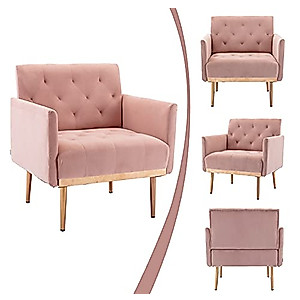 SLEERWAY Modern Velvet Single Sofa Chair, Upholstered Accent Living Room Chair, Comfy Armchair with Rose Golden Metal Legs, Tufted Chair for Reading or Lounging (Pink)