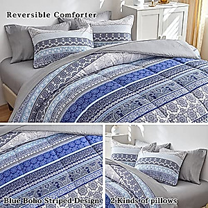Flysheep Bohemian Striped Bed in a Bag 7 Pieces Queen Size, Boho Blue Grey Geometric Pattern Reversible Bed Comforter Set (1 Comforter, 1 Flat Sheet, 1 Fitted Sheet, 2 Pillow Shams, 2 Pillowcases)