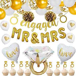 Gold Engagement Party Decorations, Gold Engaged Banner, MR and MRS Balloons, Giant Ring, Heart Balloons, Gold Latex Confetti Balloons for Engagement Bachelorette and Bridal Shower Decorations