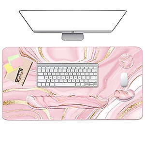 Keyboard Mouse Pad Set, Extended Mouse Pad+Keyboard Wrist Rest Support , Memory Foam Ergonomic Easy Typing , 3Pcs (35.4×15.7 in) Desk Pad Set for Home Office Study Game- Pink Gold