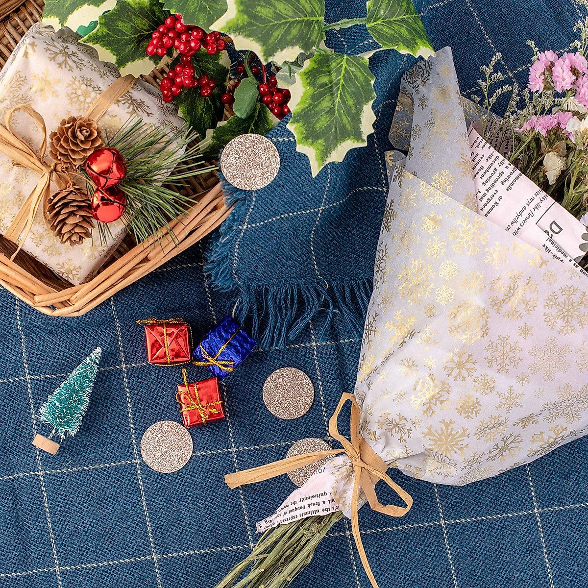 Whaline Snowflake Tissue Paper 20" x 28" Christmas Metallic Acid Free Wrapping Paper Bulk Big Size for Home, DIY and Craft, Gift Bags New Year Decorations, 60 Sheets (Gold)