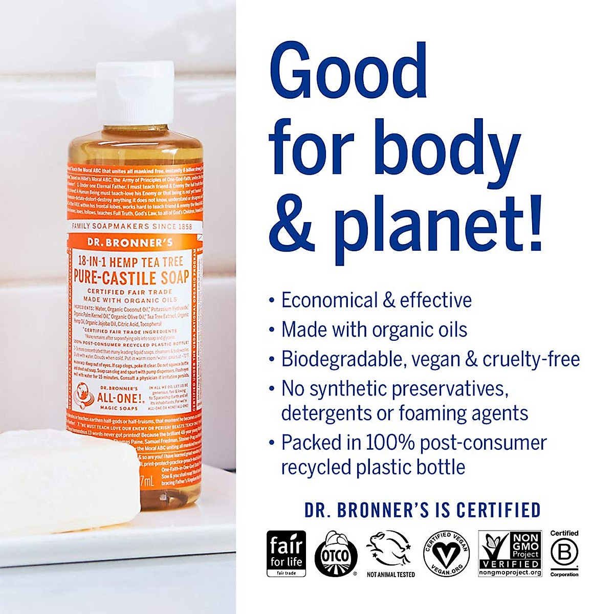 Dr. Bronner's - Pure-Castile Liquid Soap (Tea Tree, 8 ounce) - Made with Organic Oils, 18-in-1 Uses: Acne-Prone Skin, Dandruff, Laundry, Pets and Dishes, Concentrated, Vegan, Non-GMO