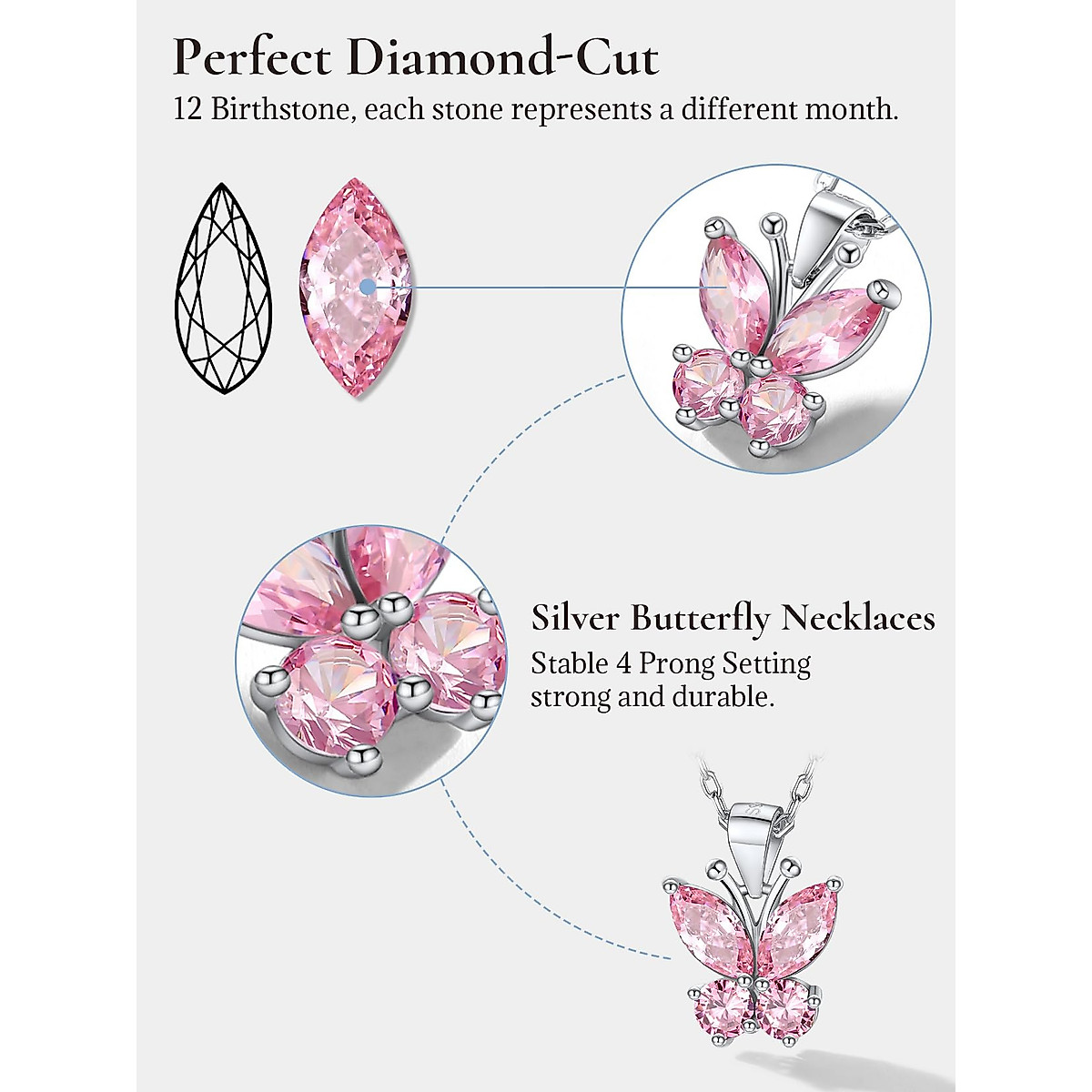 SILVERCUTE Pink Butterfly Pendant Necklace 925 Sterling Sterling Silver Cute Insect Animal Pendant & Chain for Women